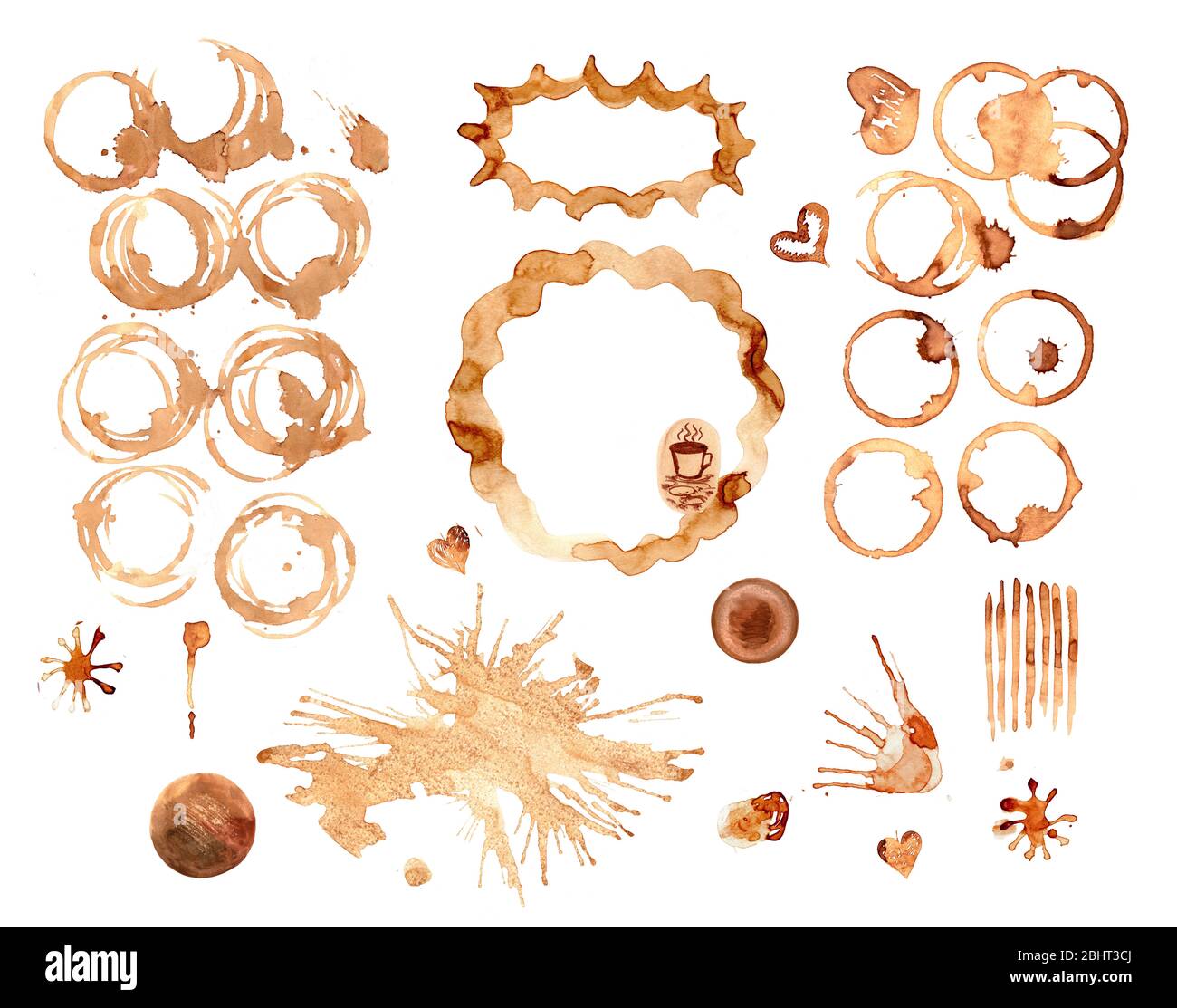 Coffee stains splashes isolated on white background. Coffee cup marks ...