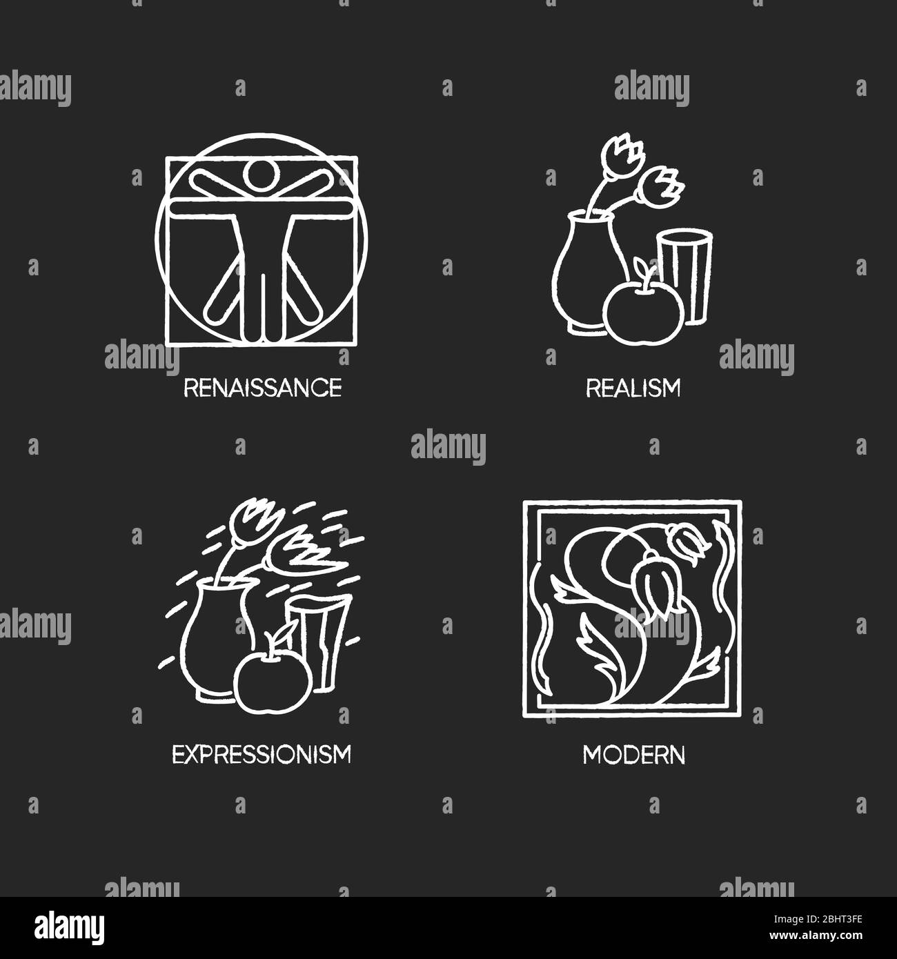 Cultural movements chalk white icons set on black background Stock ...