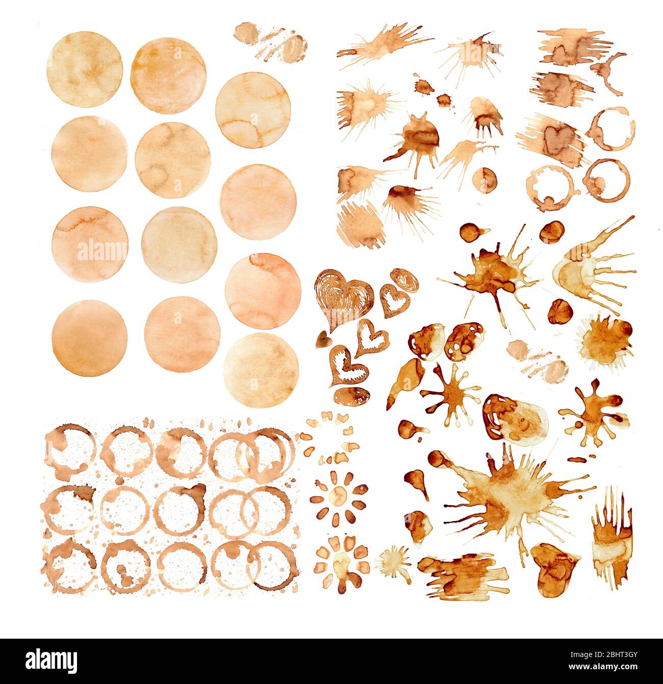 Coffee paint stains splashes and harts isolated on white background ...