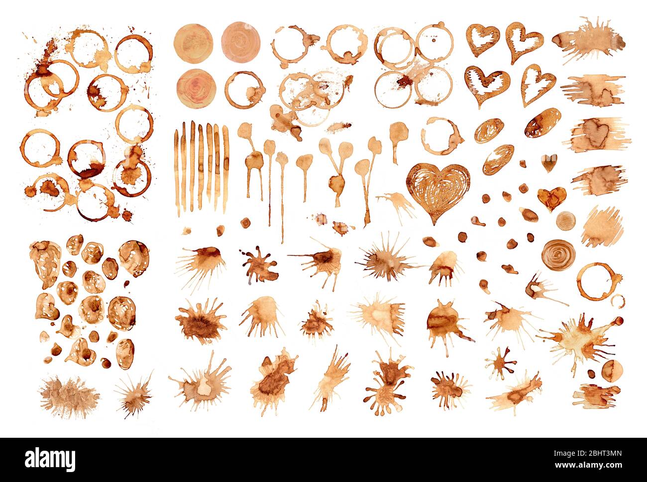 Coffee paint stains splashes and harts isolated on white background ...