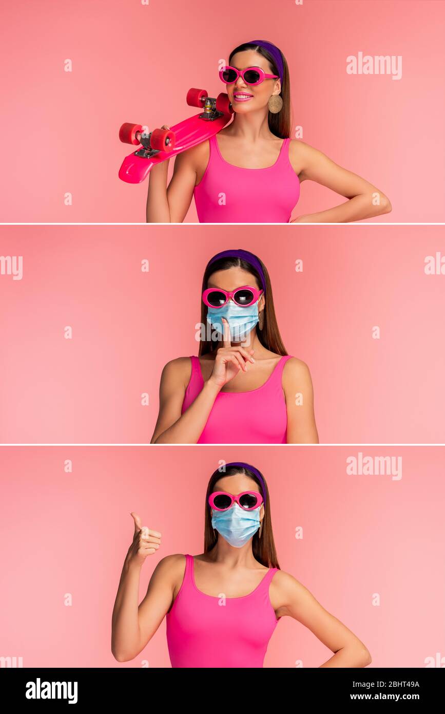Collage of girl in medical mask with hand on hip and penny board ...