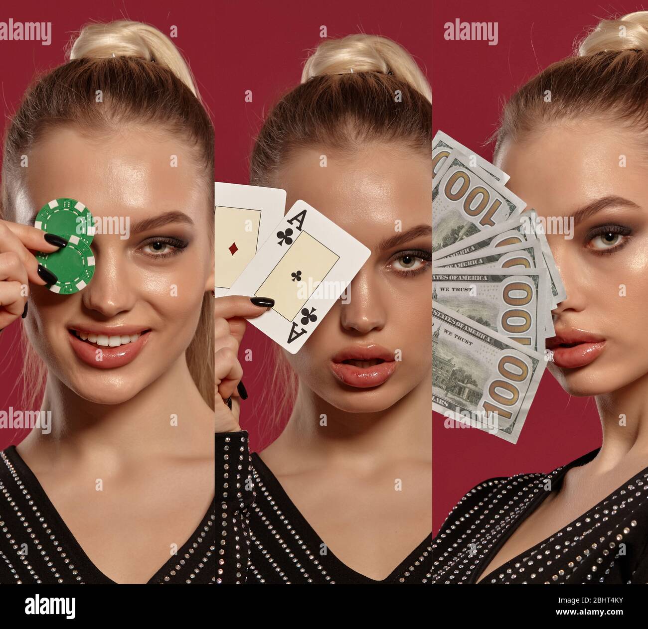 Collage of blonde girl in black dress. Smiling, showing some cash, two ...