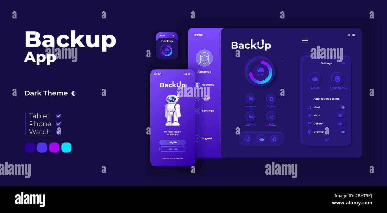 Backup app screen vector adaptive design template. Online files storage ... Backup app screen vector adaptive design template. Online files storage ...