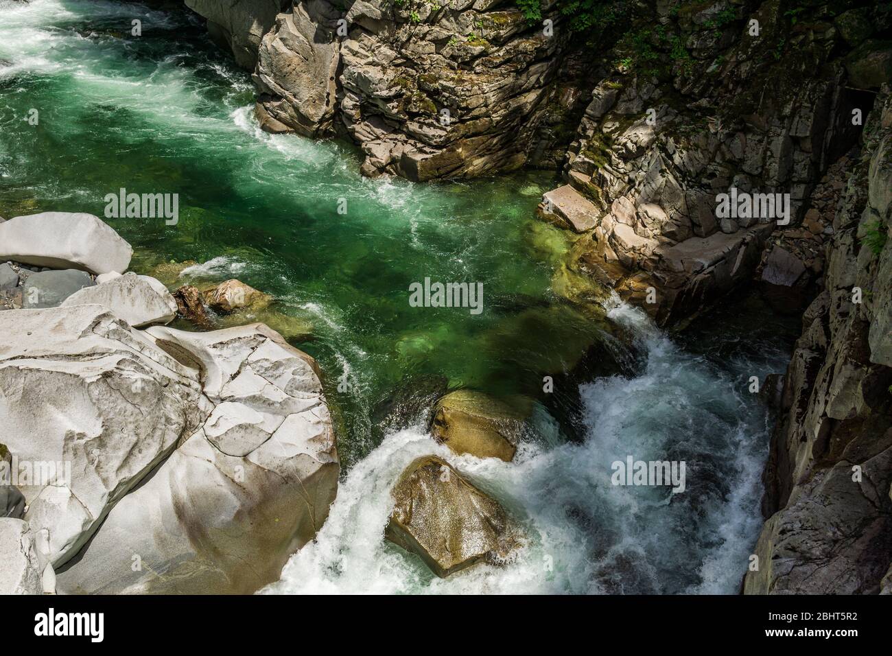 mountain river or stream in a deep canyon green forest british columbia ...