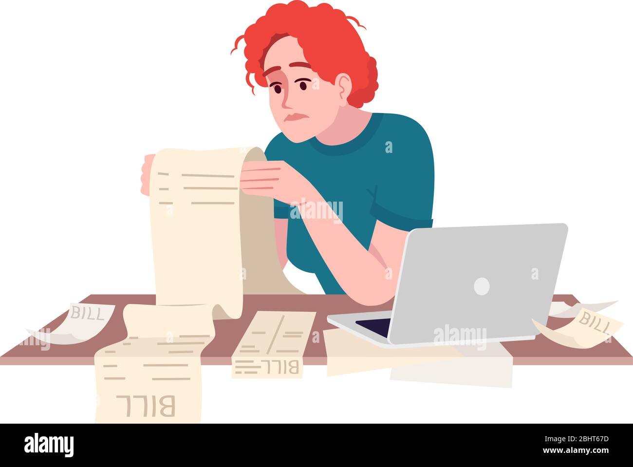 Stressed woman studying bill semi flat RGB color vector illustration ...