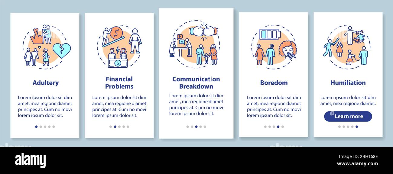 Divorce reasons onboarding mobile app page screen with concepts ...