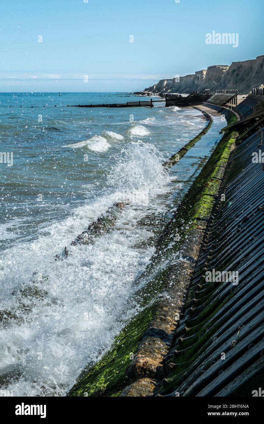 Wood and concrete sea defences, Sheringham, Norfolk, England, August ...