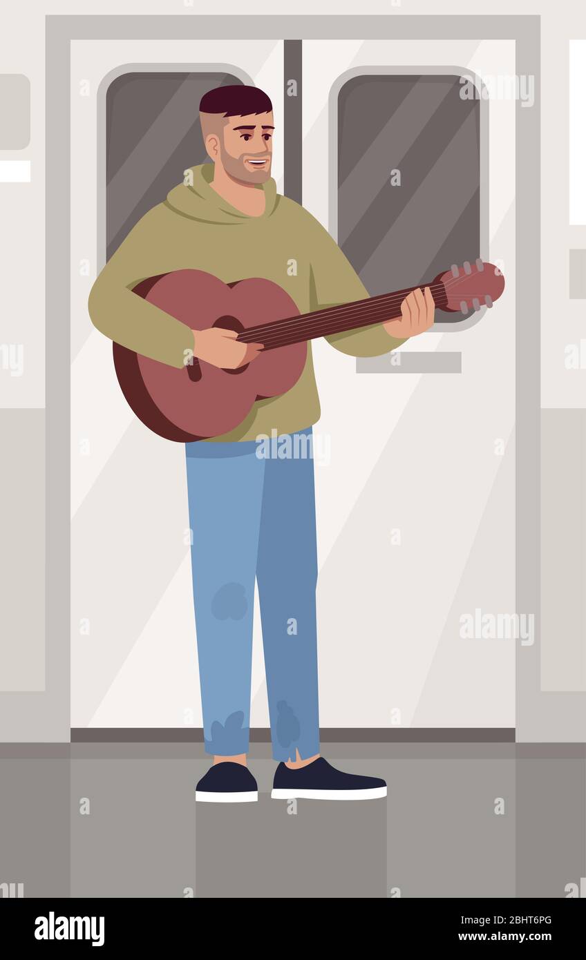 Musician with guitar in train semi flat vector illustration Stock ...