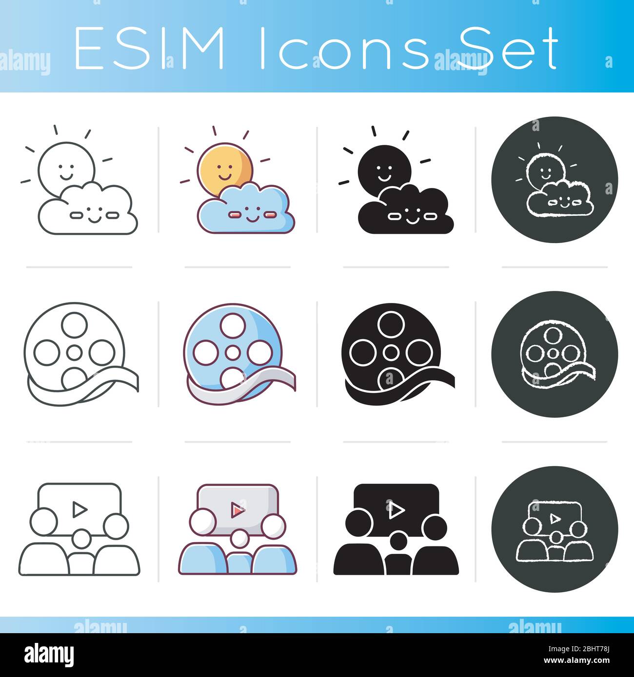 Common movies and tv genres icons set. Linear, black and RGB color ...