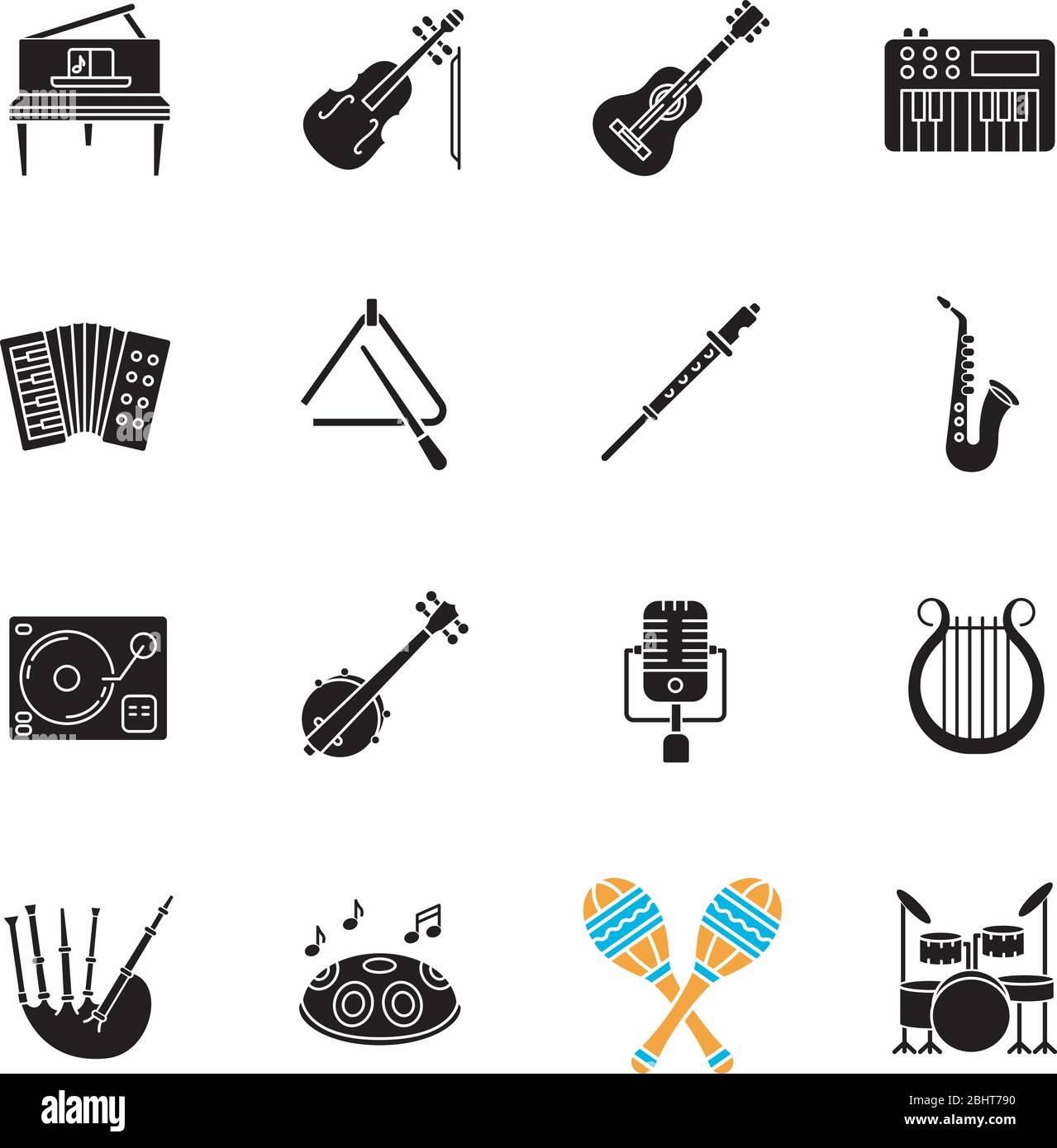 Orchestral instrument black glyph icons set on white space Stock Vector ...