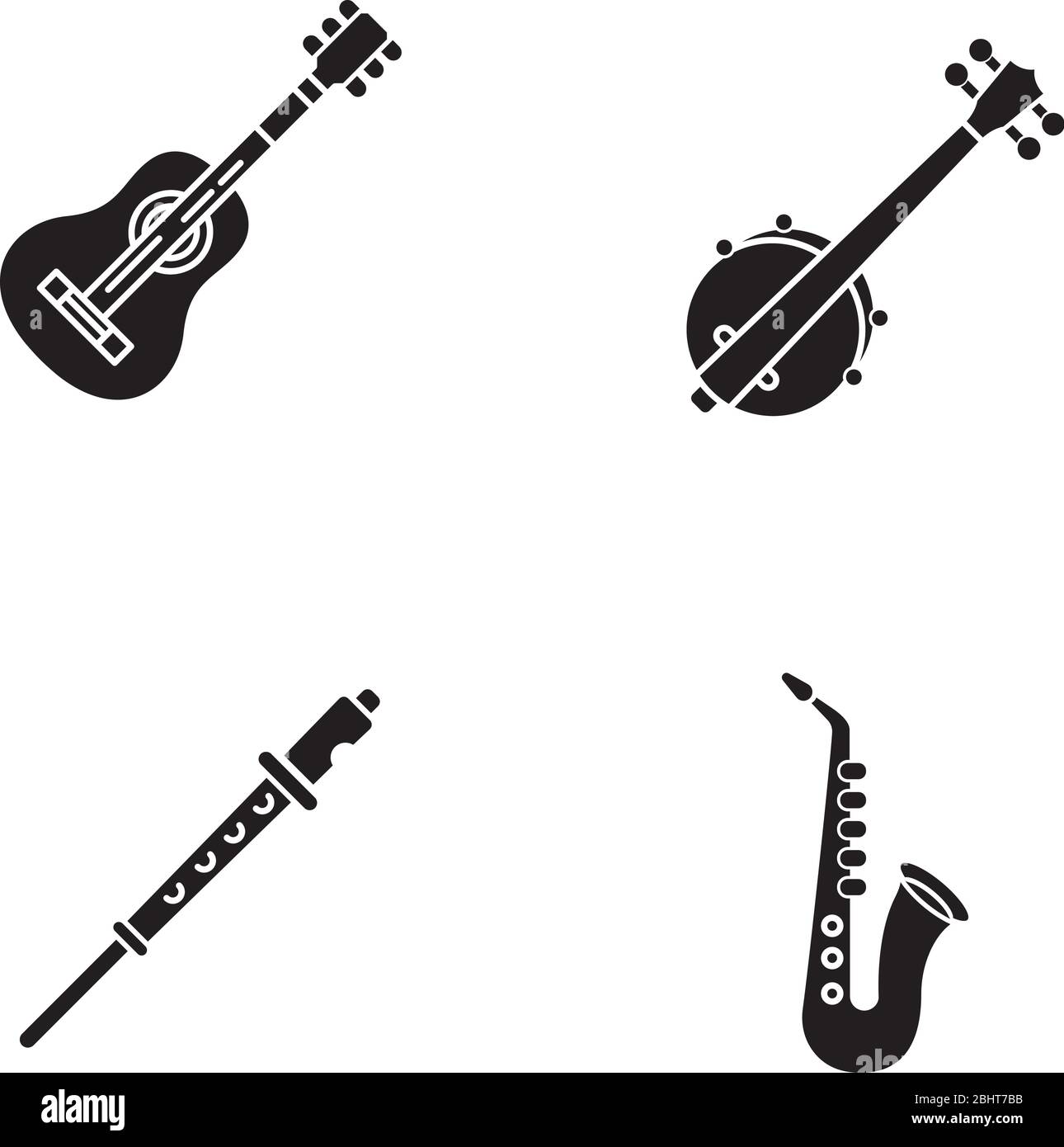 Orchestral musical instruments black glyph icons set on white space ...