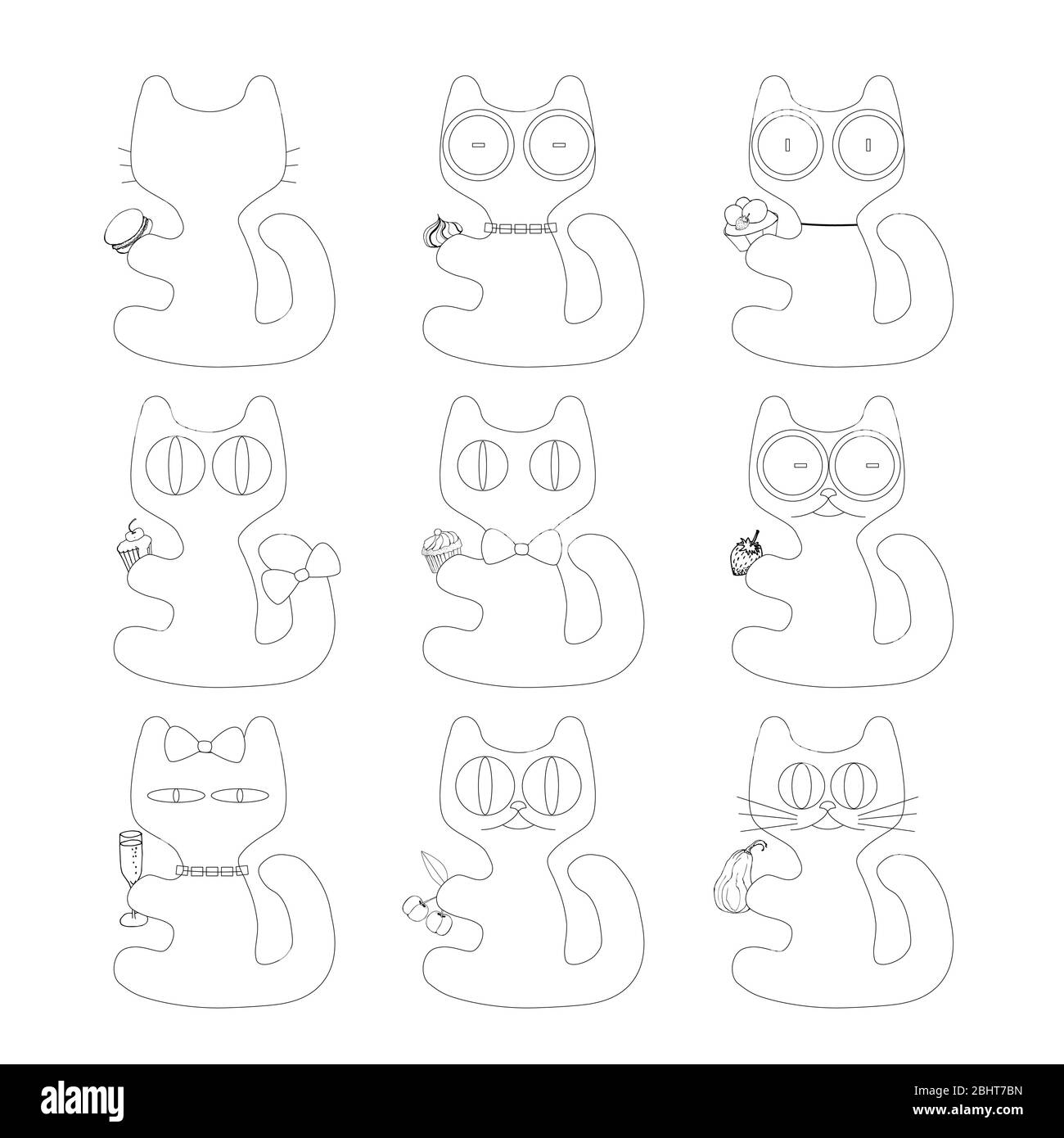 Cute cat with food doodle series, avatars, sketch line style icons ...