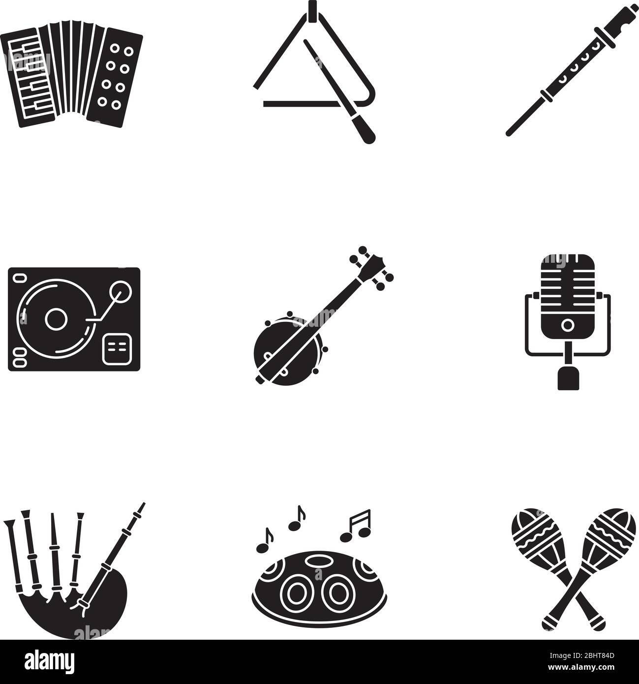 Band musical instruments black glyph icons set on white space Stock ...