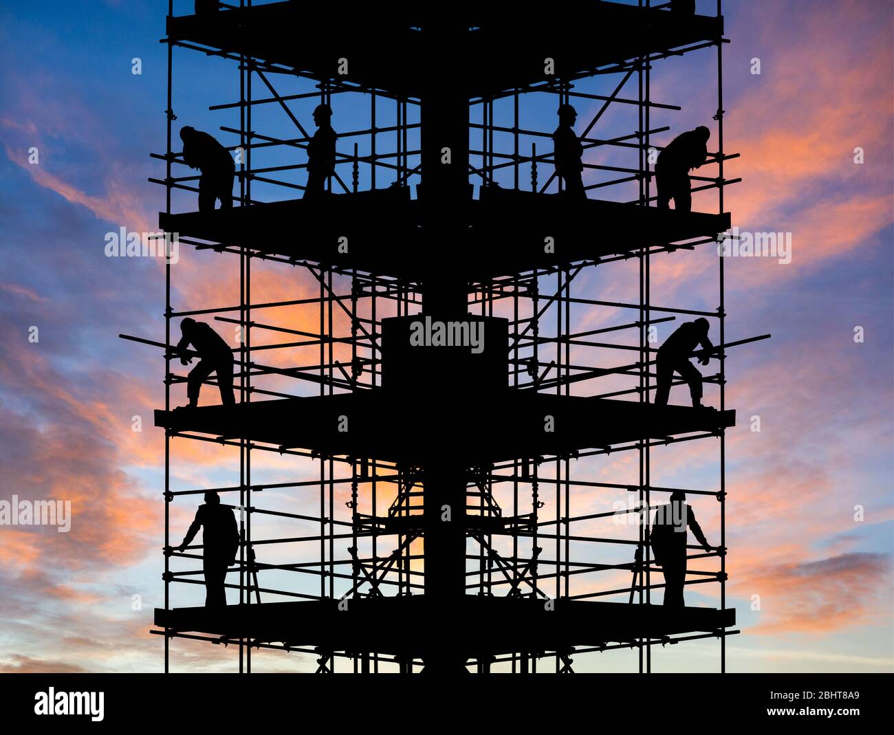 Scaffolding, Scaffolder, Scaffolders silhouetted against colourful sy ...
