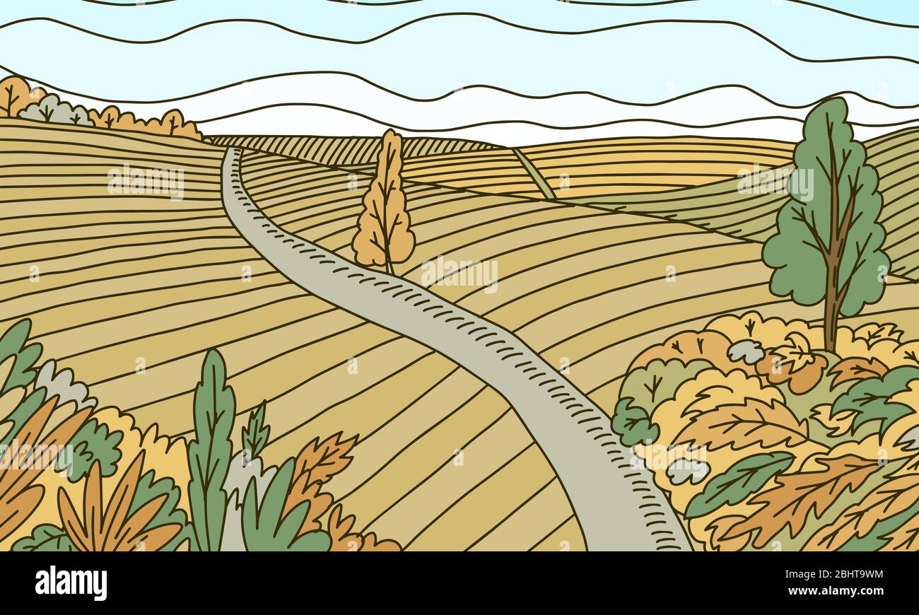 Rural Mountain landscape. Farm field and road. Agriculture and Vineyard ...