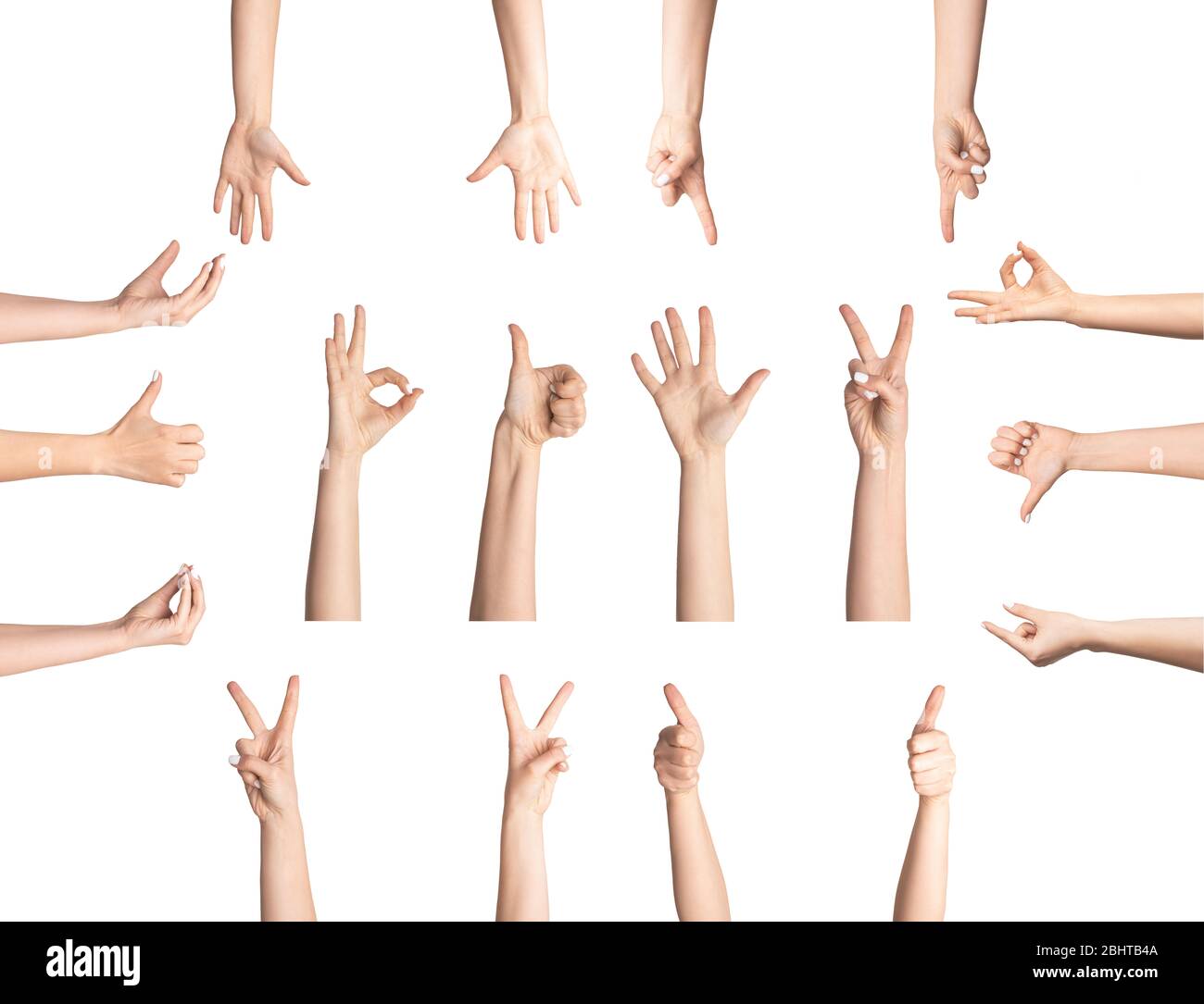 Sign language. Collage with female hands showing different gestures on ...