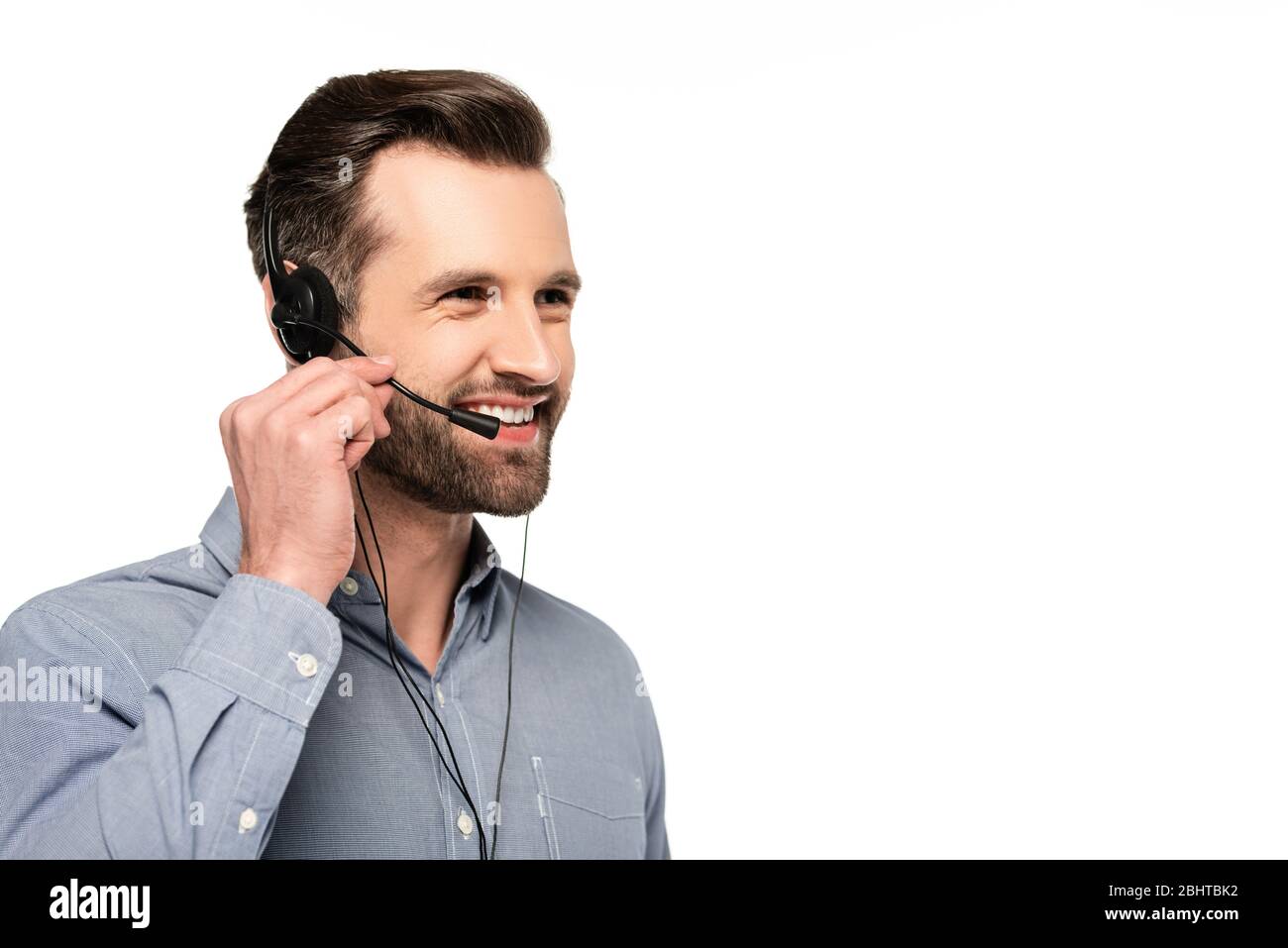 happy operator in headset talking isolated on white Stock Photo - Alamy