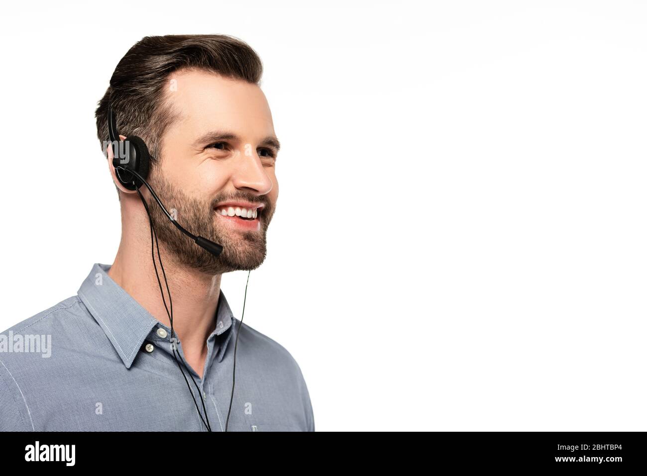 happy operator in headset smiling isolated on white Stock Photo - Alamy