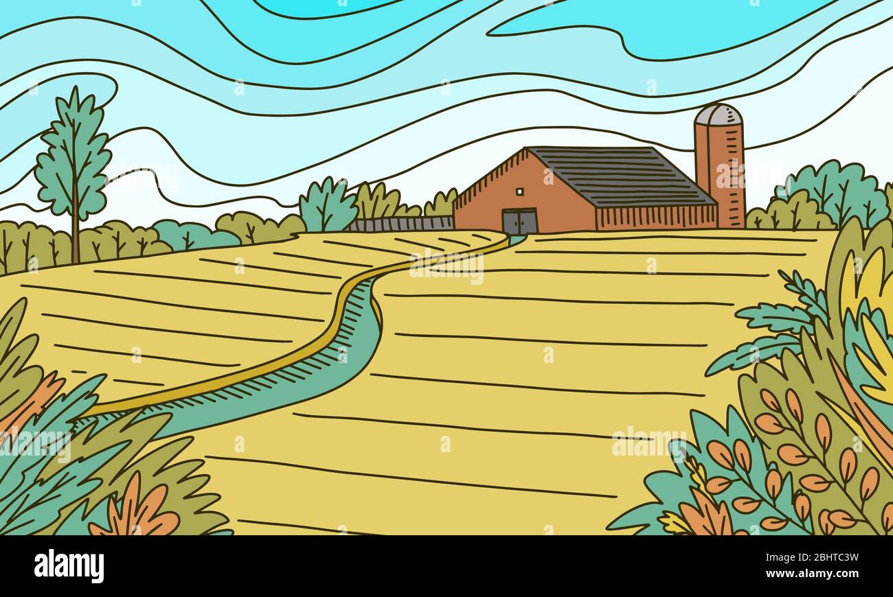Rural Mountain. landscape. Farm field and cabin. Agriculture and ...
