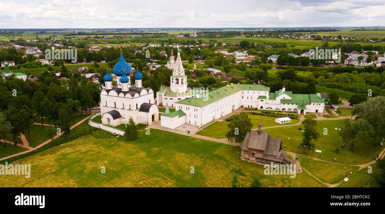 Aerial view of architectural ensemble of Suzdal Kremlin with Cathedral of Nativity in Russian ...