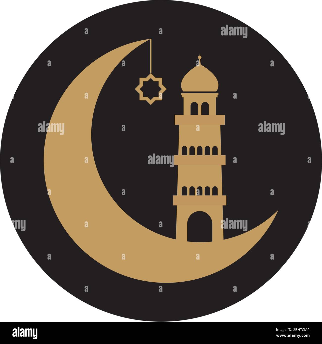 ramadan concept, crescent moon and mosque tower icon over white ...