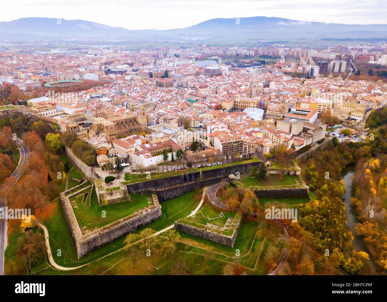 Aerial panorama of historic centre of medieval fortified city of ...