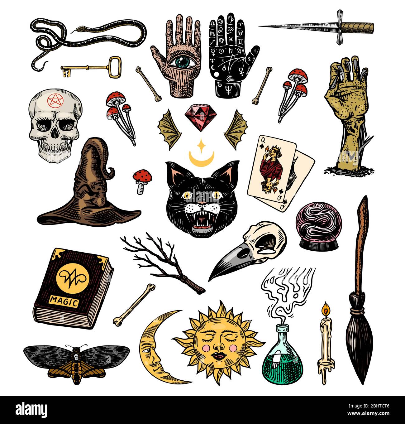 Mystical magic boho elements. Witchcraft astrological set. Esoteric ...