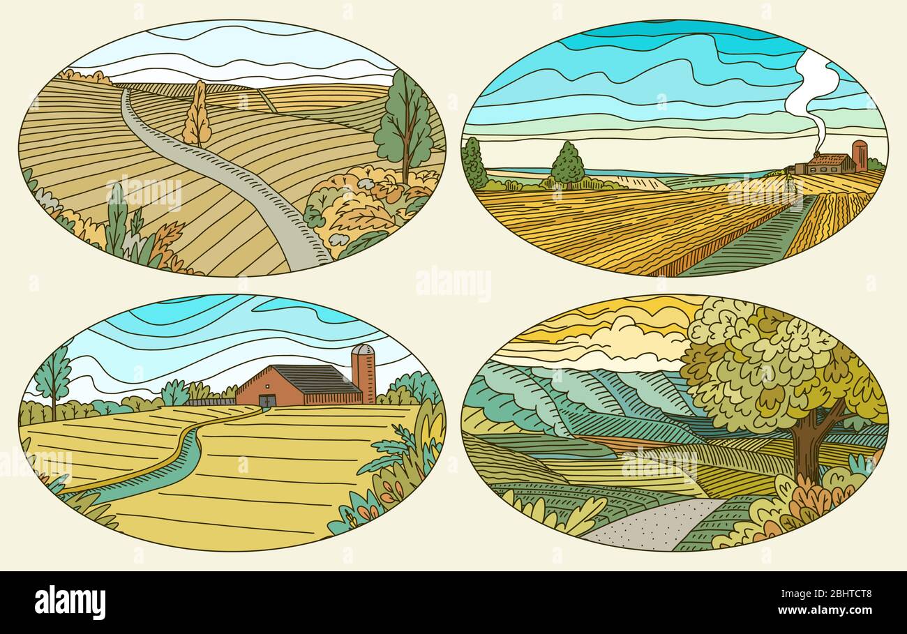 Rural landscapes stickers set. Farm field and cabin. Agriculture and ...