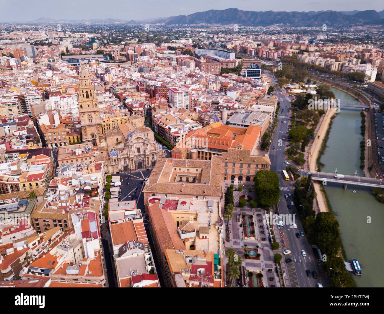 Aerial panoramic view of Murcia cityscape with bell tower of Cathedral ...