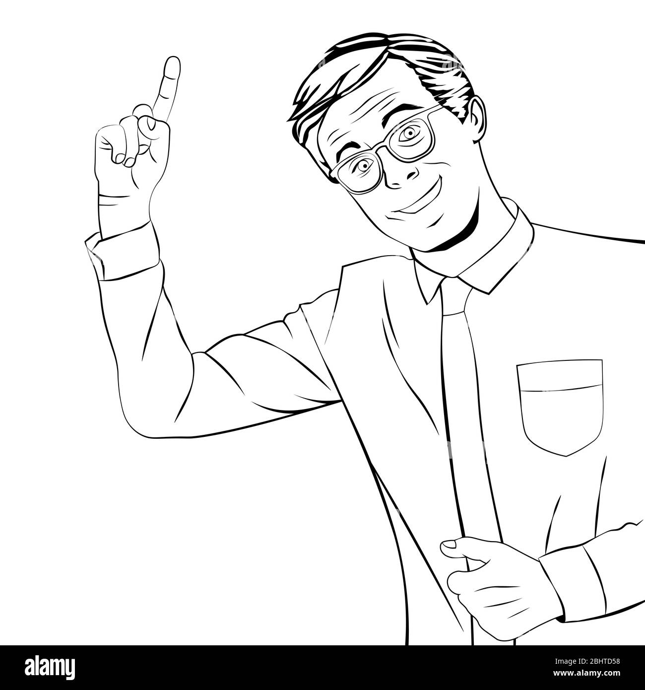 Young businessman giving advice pointing up with index finger. Outline ...