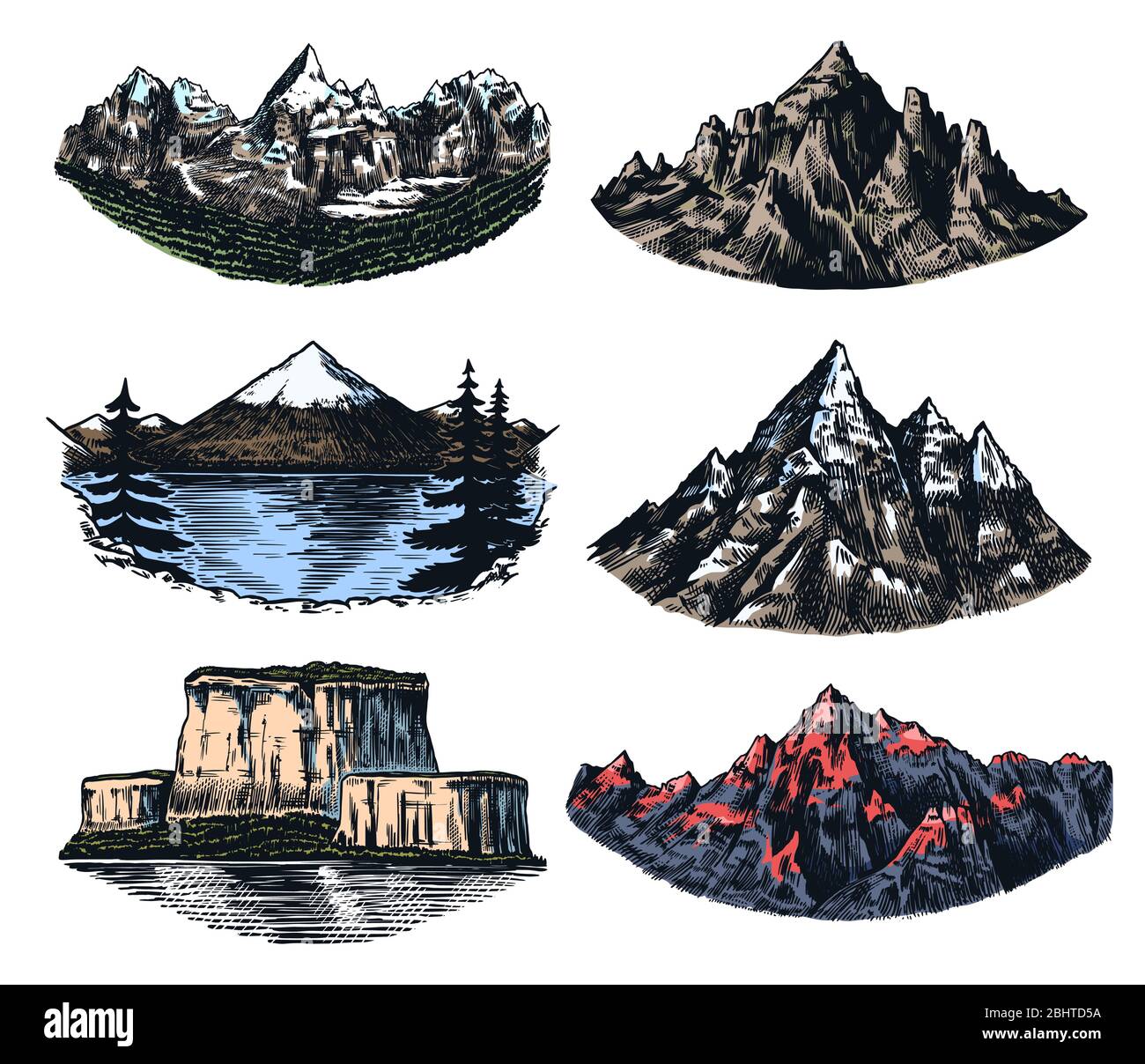 Set of mountains peaks, vintage rock, old highlands range. Hand drawn ...