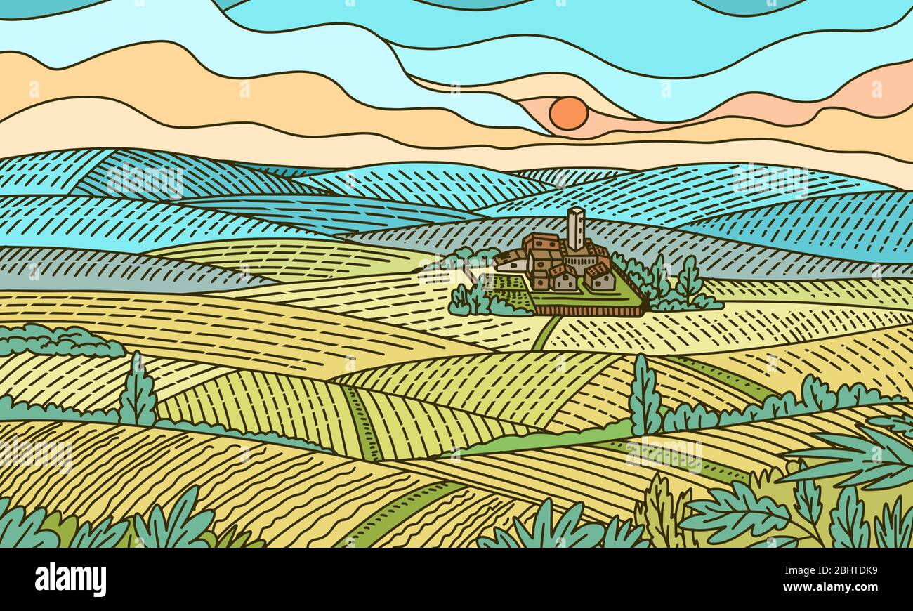Rural Mountain landscape. Farm field and cabin. Agriculture and ...