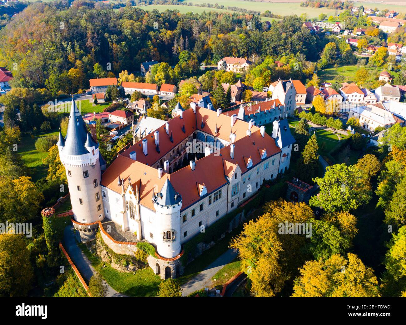 Scenic aerial view of impressive medieval Zleby castle on sunny autumn ...