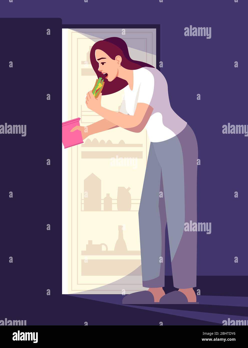 Woman eating sandwich semi flat RGB color vector illustration Stock ...