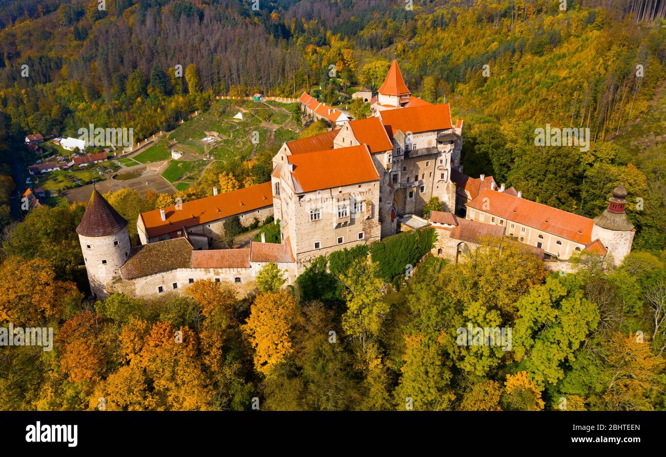 Above view of medieval castle Pernstein. South Moravian region. Czech ...