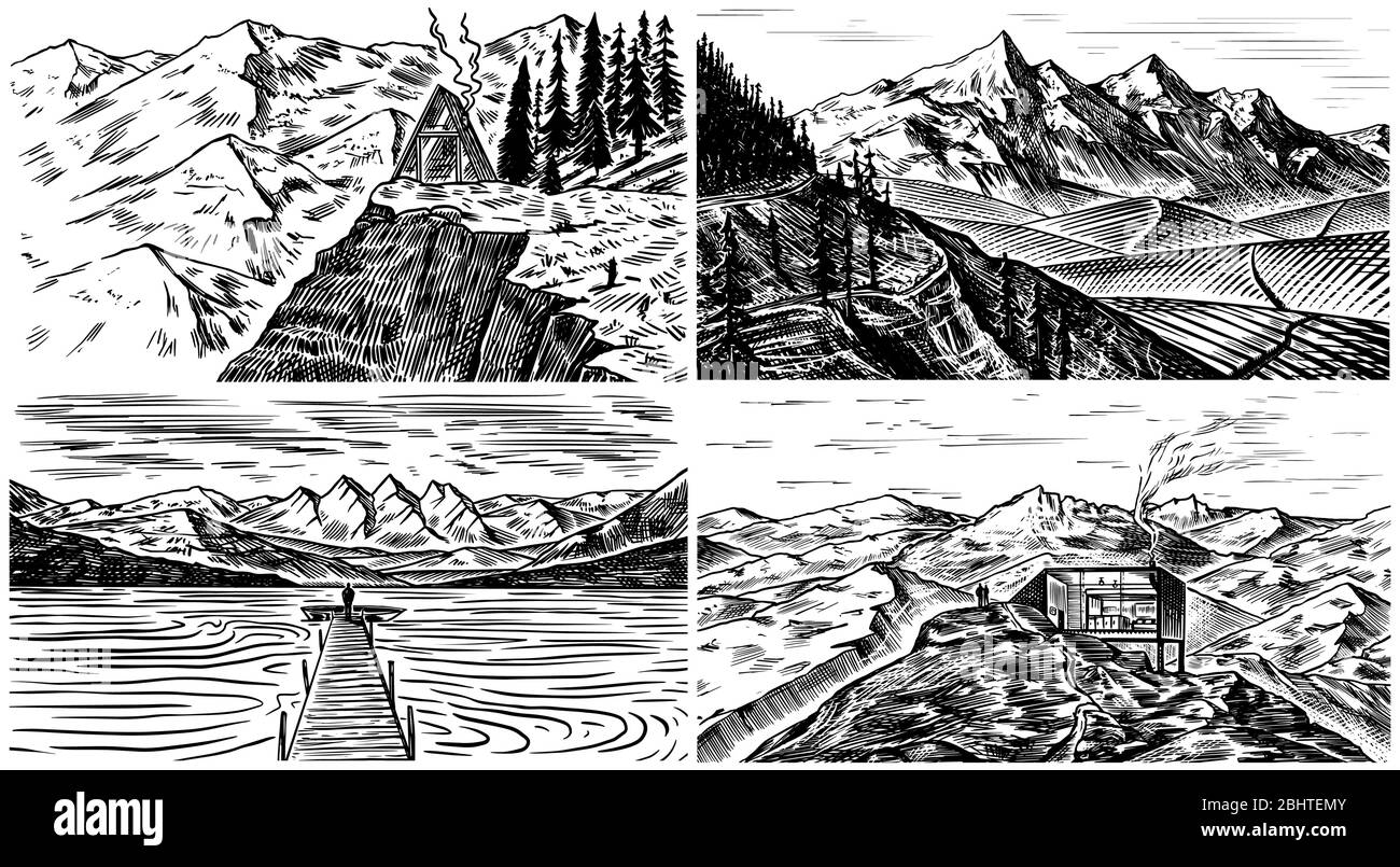 Mountain landscape backgrounds set. Alpine peaks and Traveler with a ...