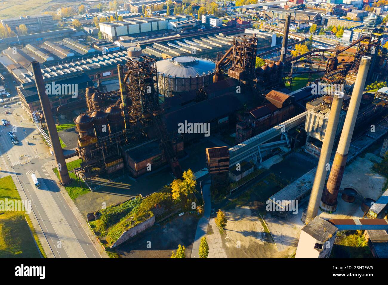 Aerial view of metallurgical plant buildings in Ostrava, Czech Republic ...