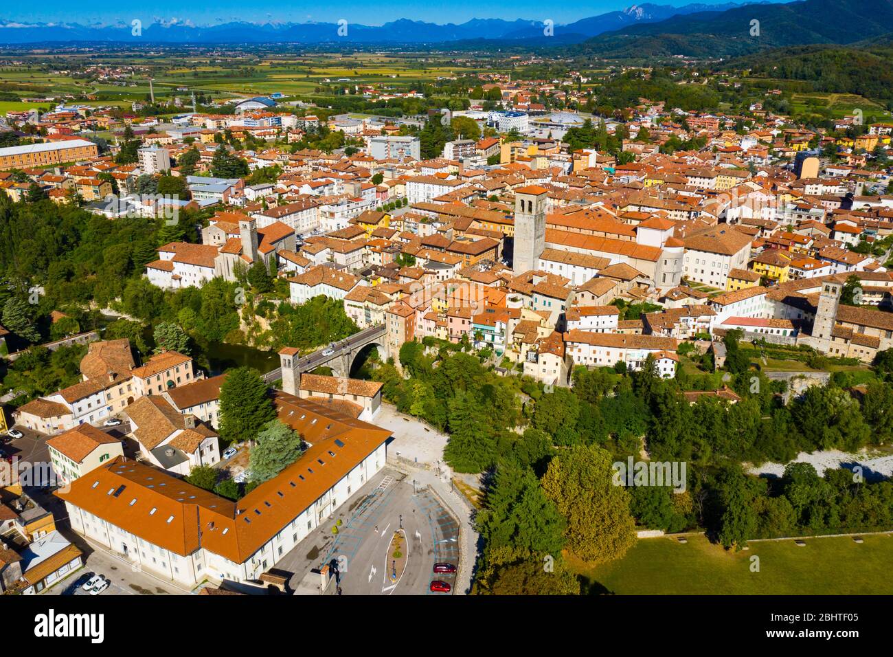 Picturesque aerial view of historic centre of Cividale del Friuli with ...
