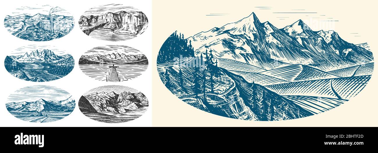 Mountain landscape backgrounds set. Alpine peaks and Traveler with a ...