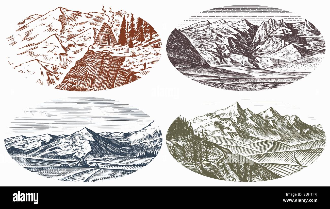 Mountain landscape backgrounds set. Alpine peaks and Traveler with a ...