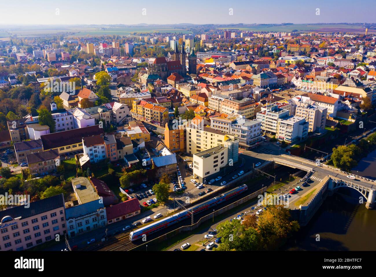 Flight over the city Kolin and Laba river. Czech Republic Stock Photo ...