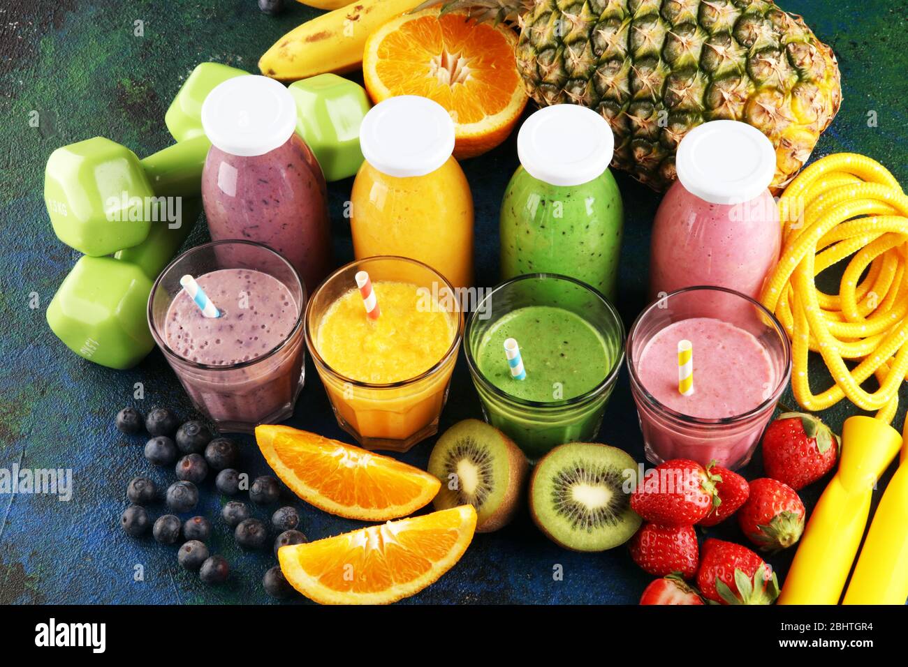 Smoothie variation. Healthy lifestyle concept. sport fitness equipment ...