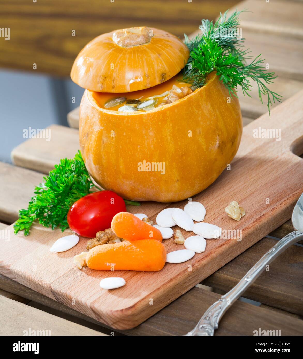 Recipe of healthy pumpkin soup: bake whole cleared pumpkin in oven ...