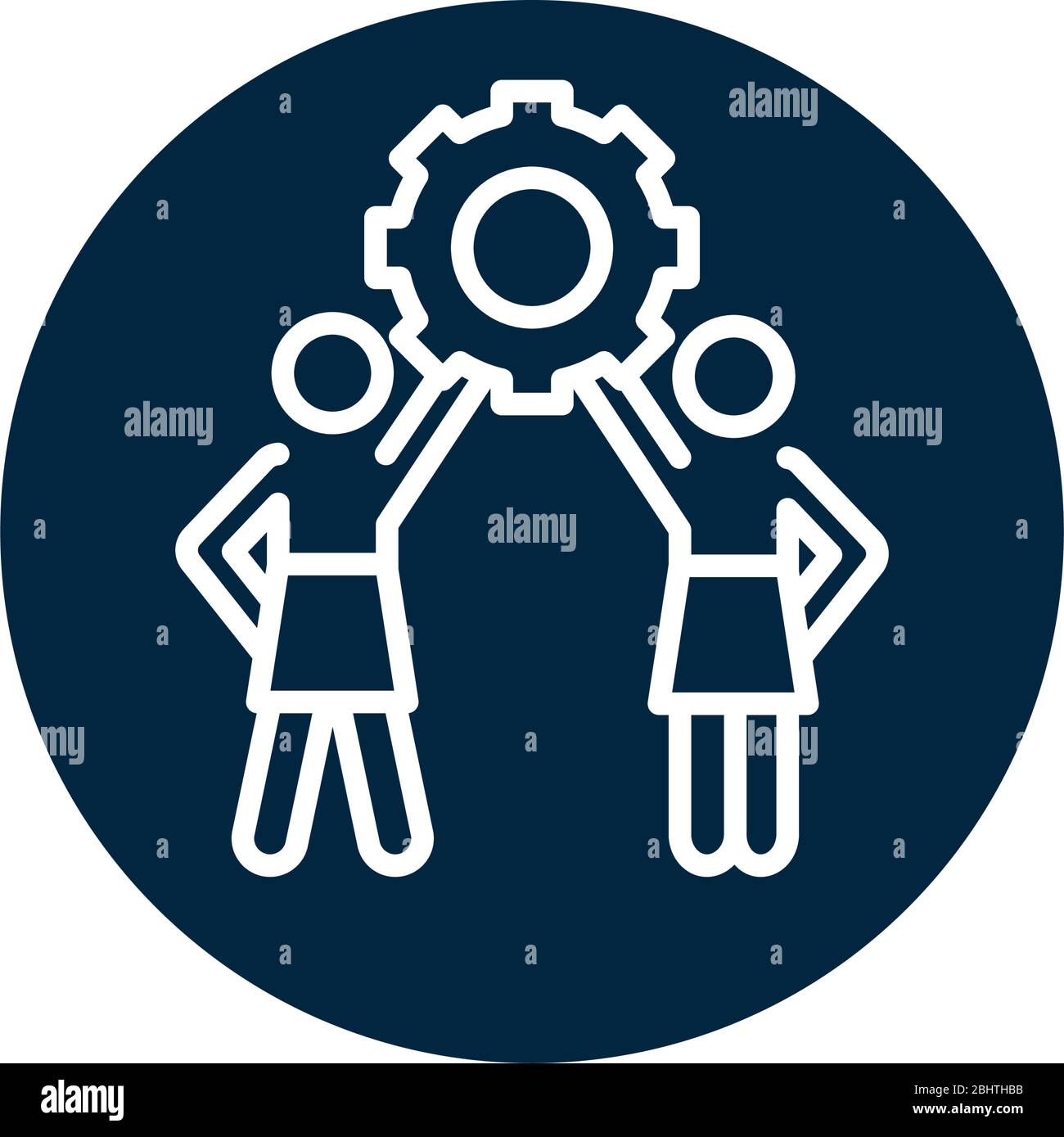 pictogram women holding up a gear icon over white background, line ...