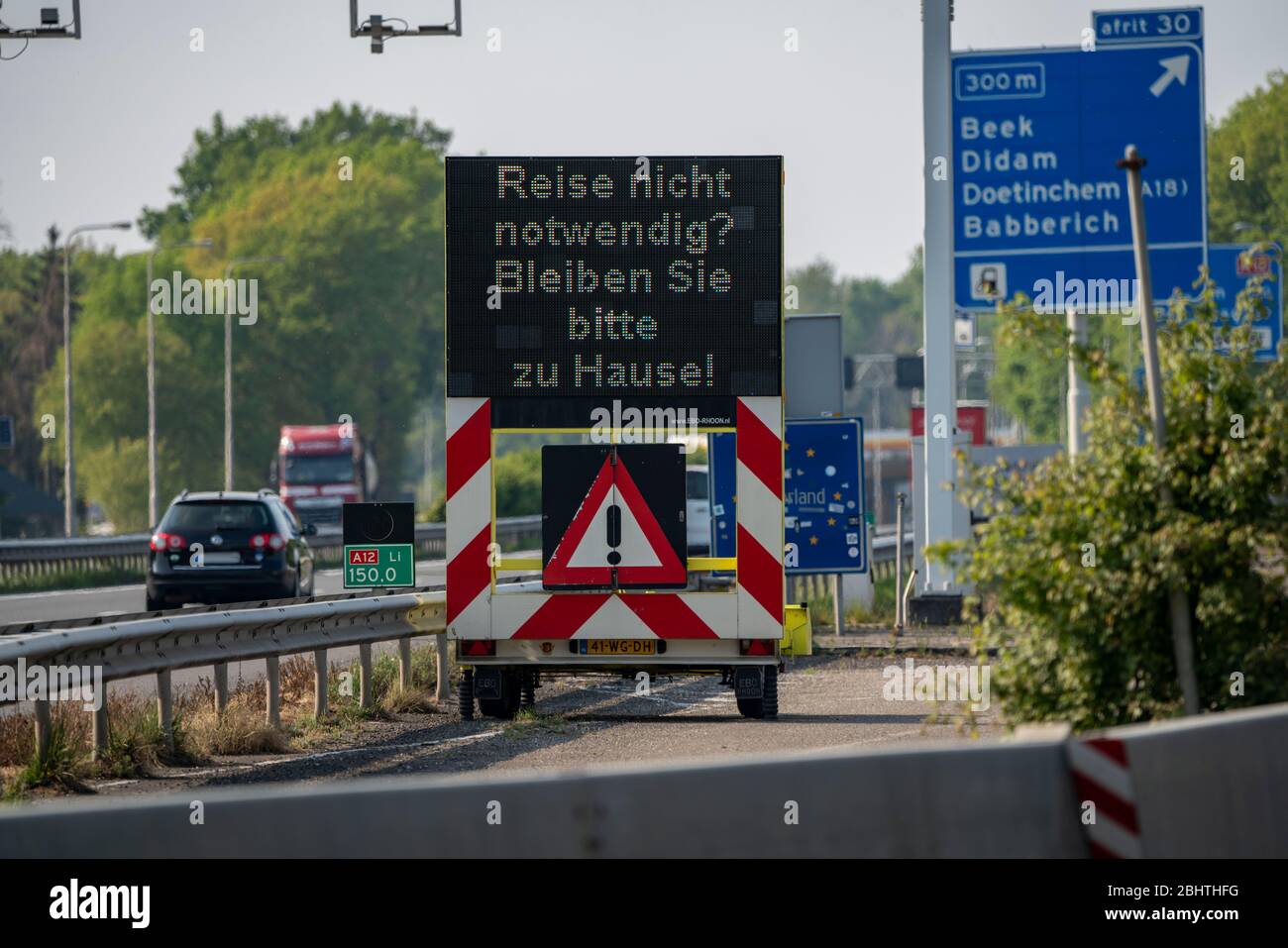 German-Dutch border near Emmerich-Elten, highway A3, signal board asks ...