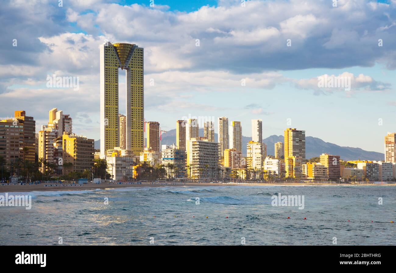 sunny panoramic view on Benidorm city with seafront and modern ...