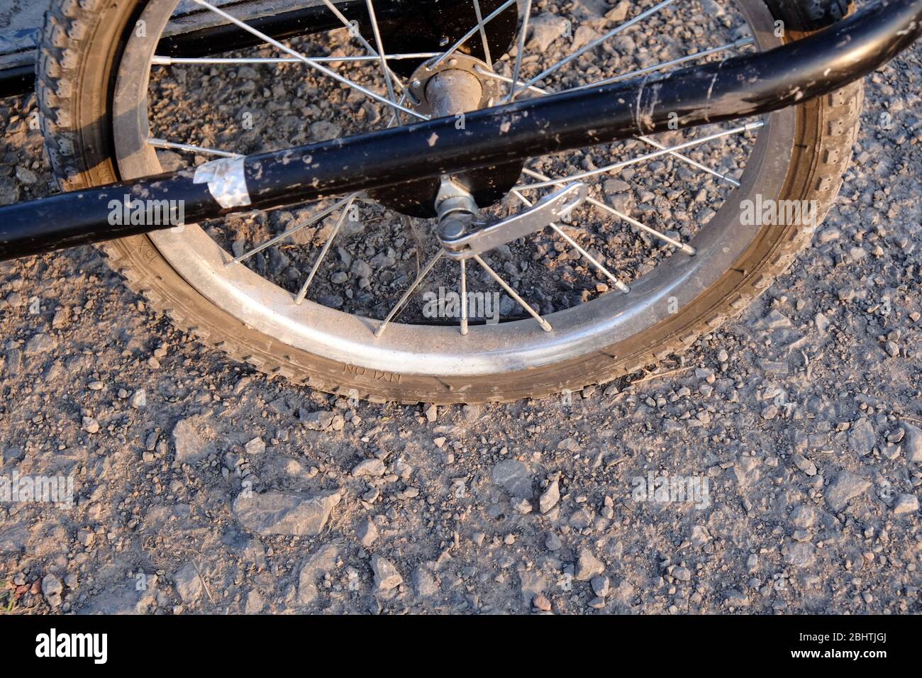April 2020 - Bike trailer wheel with a flat punctured wheel and tyre ...