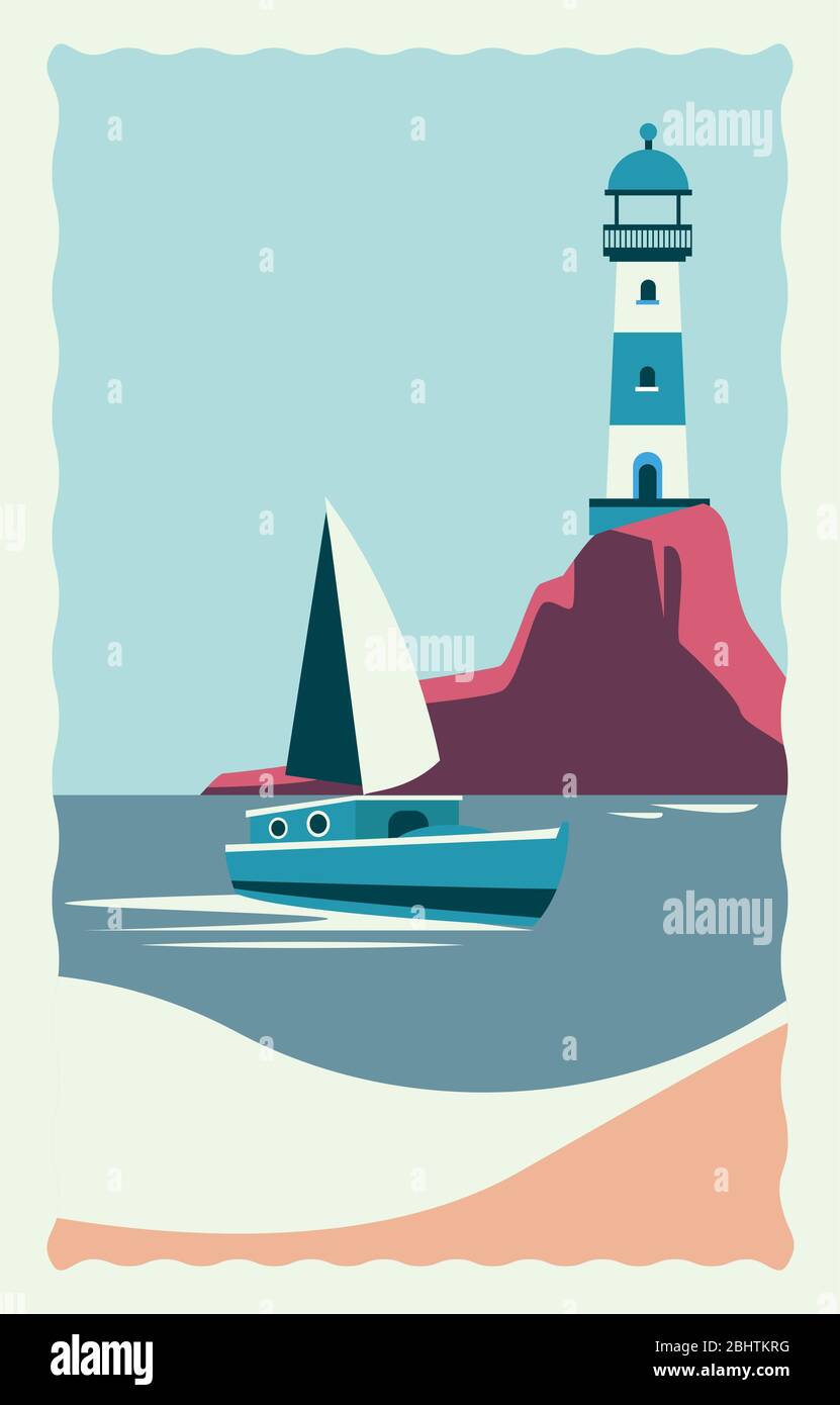 sea scape flat scene with lighthouse and sailboat Stock Vector Image ...