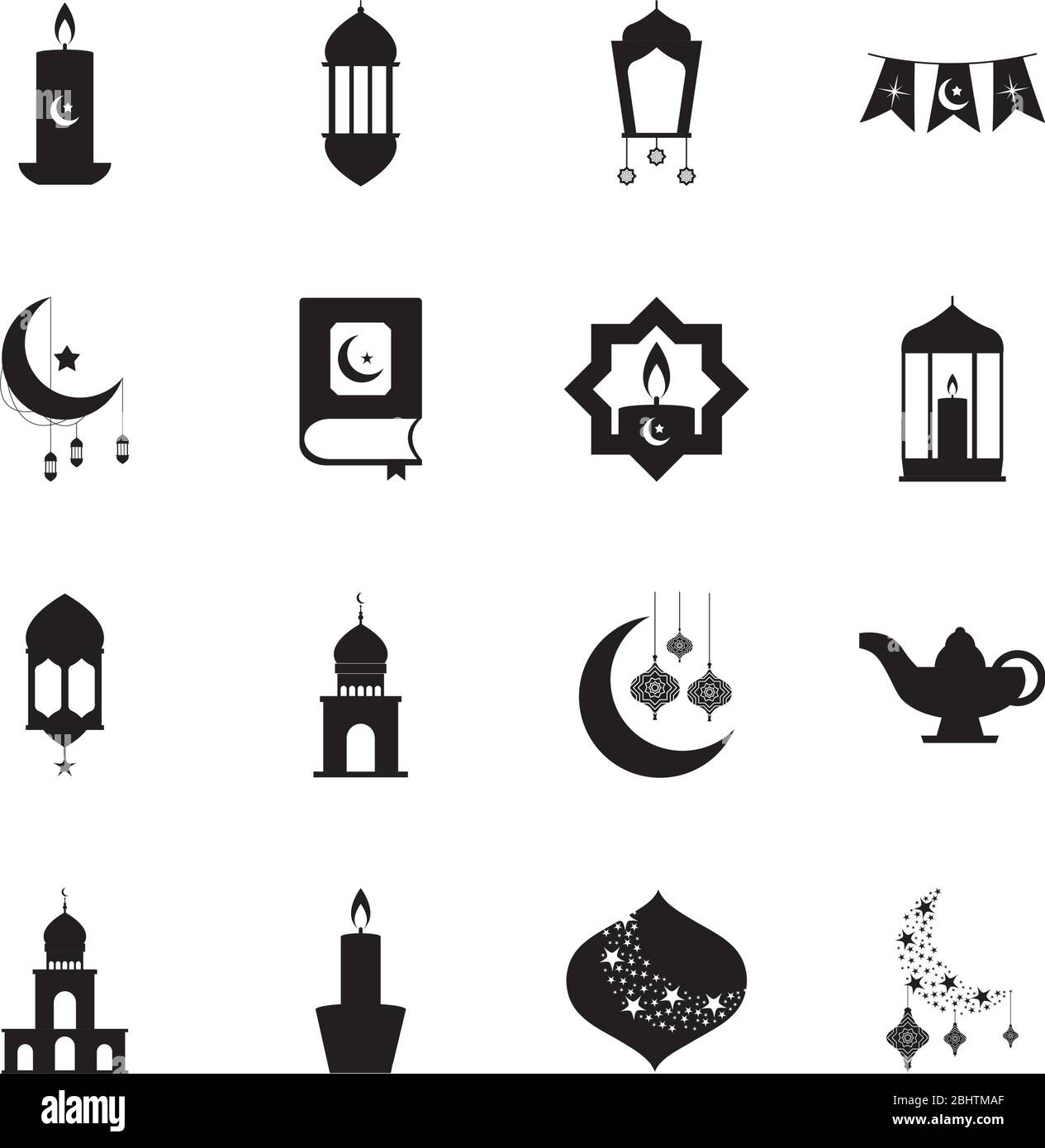 islamic mosque and eid mubarak icon set over white background, line ...