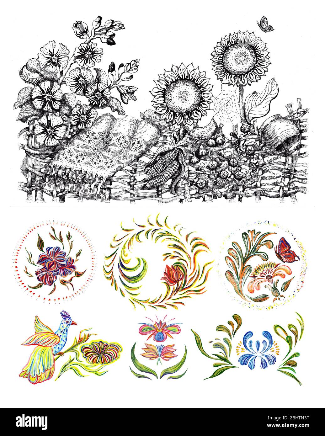 Ukrainian national motives. Hand drawn illustration in Ukrainian folk ...